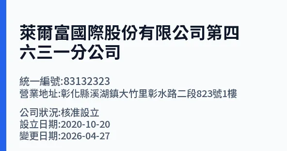 萊爾富國際股份有限公司第四六三一分公司的照片-統編 83132323(彰化縣) 公司登記資料與營業項目詳細圖表