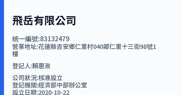 飛岳有限公司的照片-統編 83132479(花蓮縣) 公司登記資料與營業項目詳細圖表