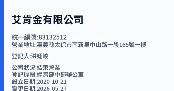 艾肯金有限公司的照片-統編 83132512(嘉義縣) 公司登記資料與營業項目詳細圖表