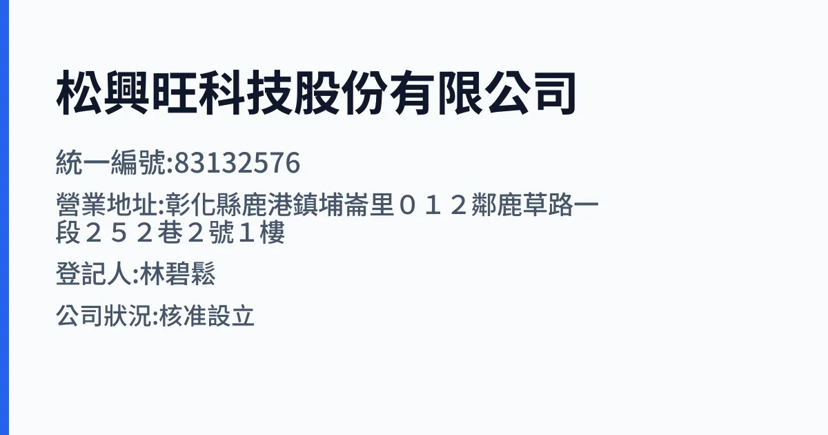 松興旺科技股份有限公司 - 統編 83132576(彰化縣) 公司登記資料與營業項目詳細圖表