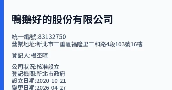 鴨鵝好的股份有限公司的照片-統編 83132750(新北市) 公司登記資料與營業項目詳細圖表