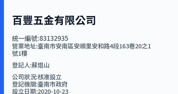 百豐五金有限公司的照片-統編 83132935(臺南市) 公司登記資料與營業項目詳細圖表