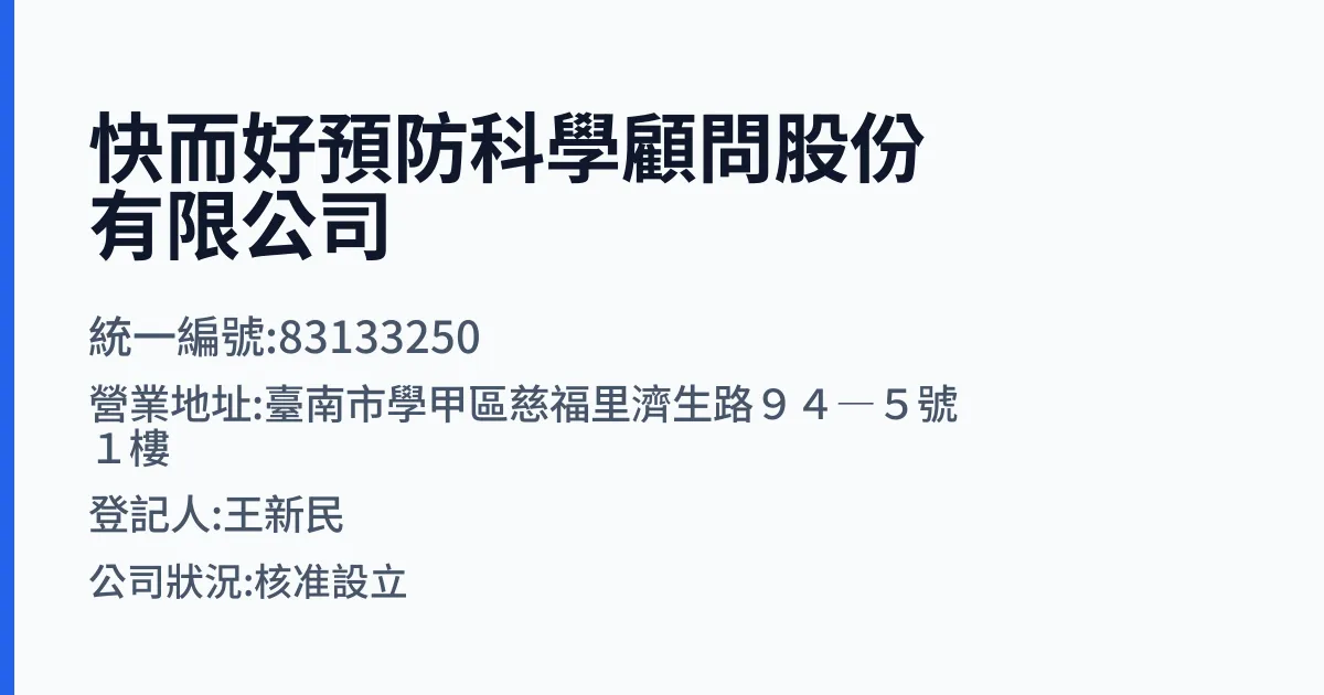 快而好預防科學顧問股份有限公司 - 統編 83133250(臺南市) 公司登記資料與營業項目詳細圖表
