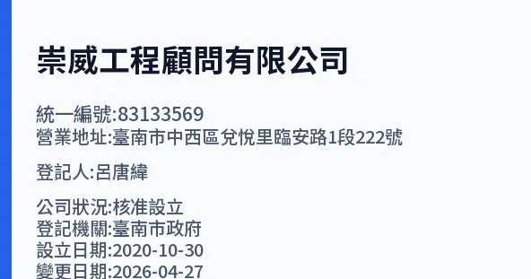崇威工程顧問有限公司的照片-統編 83133569(臺南市) 公司登記資料與營業項目詳細圖表