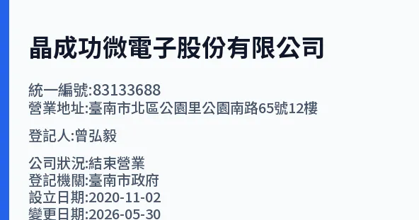 晶成功微電子股份有限公司的照片-統編 83133688(臺南市) 公司登記資料與營業項目詳細圖表