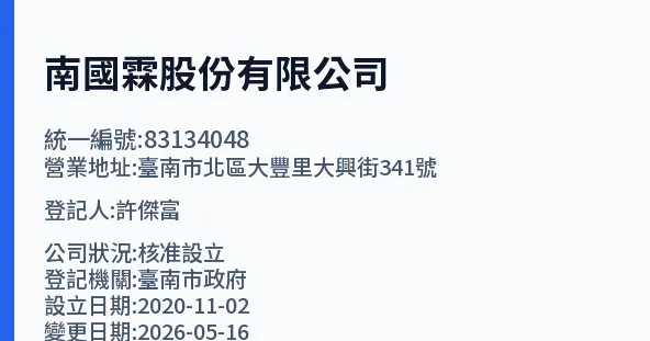 南國霖股份有限公司的照片-統編 83134048(臺南市) 公司登記資料與營業項目詳細圖表