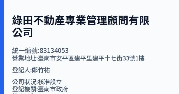 綠田不動產專業管理顧問有限公司的照片-統編 83134053(臺南市) 公司登記資料與營業項目詳細圖表