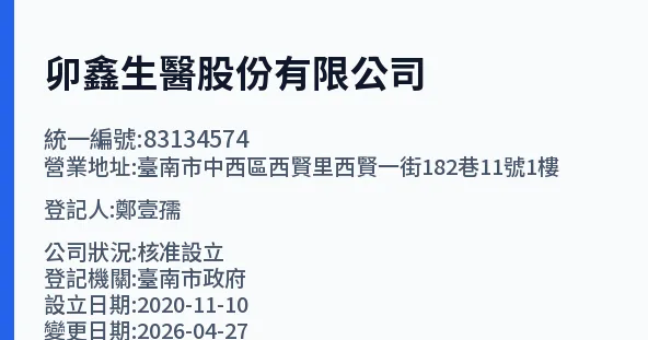 卯鑫生醫股份有限公司的照片-統編 83134574(臺南市) 公司登記資料與營業項目詳細圖表