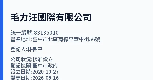 毛力汪國際有限公司的照片-統編 83135010(臺中市) 公司登記資料與營業項目詳細圖表