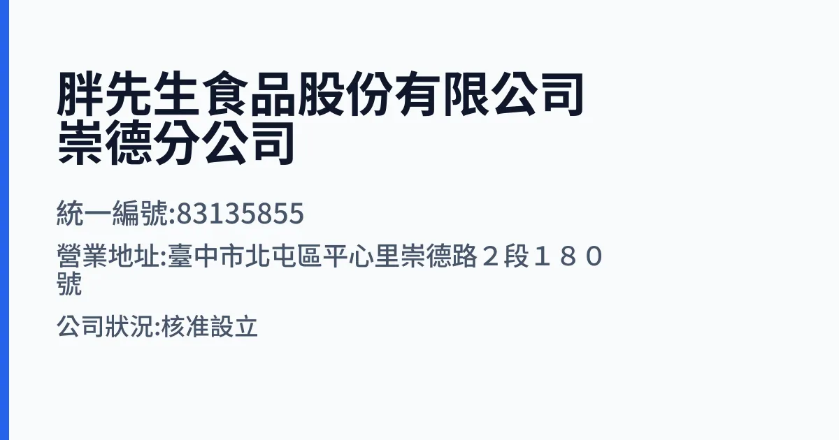 胖先生食品股份有限公司崇德分公司 - 統編 83135855（臺中市） 公司登記資料與營業項目詳細圖表