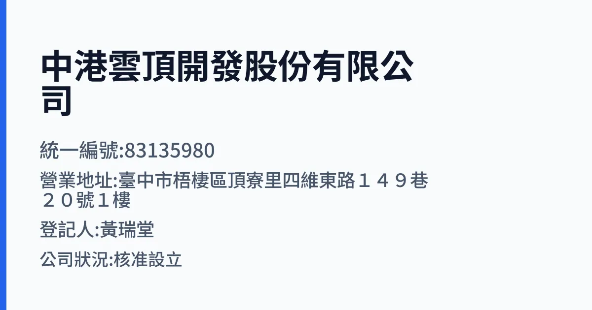 中港雲頂開發股份有限公司 - 統編 83135980(臺中市) 公司登記資料與營業項目詳細圖表