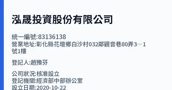 泓晟投資股份有限公司的照片-統編 83136138(彰化縣) 公司登記資料與營業項目詳細圖表