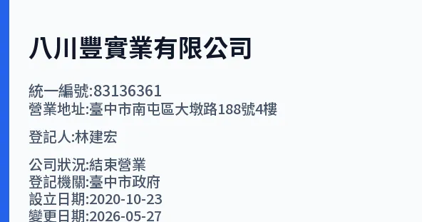 八川豐實業有限公司的照片-統編 83136361(臺中市) 公司登記資料與營業項目詳細圖表