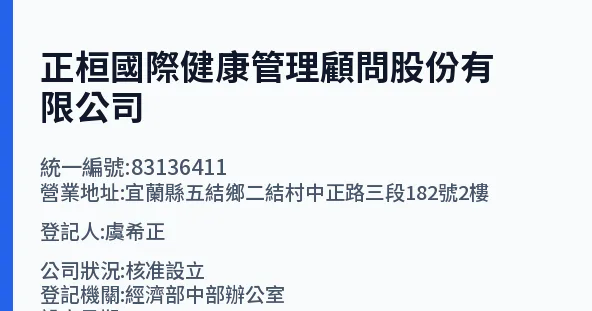 正桓國際健康管理顧問股份有限公司的照片-統編 83136411(宜蘭縣) 公司登記資料與營業項目詳細圖表