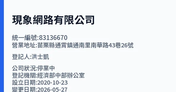 現象網路有限公司的照片-統編 83136670(苗栗縣) 公司登記資料與營業項目詳細圖表