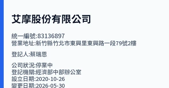 艾摩股份有限公司的照片-統編 83136897(新竹縣) 公司登記資料與營業項目詳細圖表