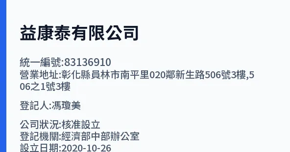 益康泰有限公司的照片-統編 83136910(彰化縣) 公司登記資料與營業項目詳細圖表
