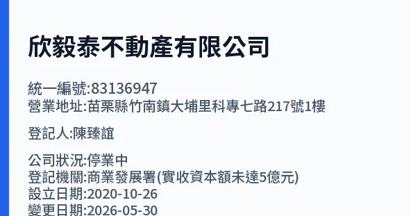 欣毅泰不動產有限公司的照片-統編 83136947(苗栗縣) 公司登記資料與營業項目詳細圖表
