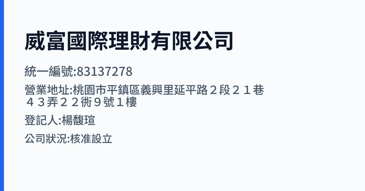 威富國際理財有限公司 - 統編 83137278（桃園市） 公司登記資料與營業項目詳細圖表