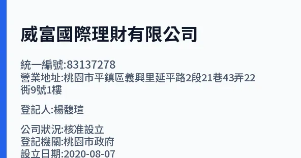 威富國際理財有限公司的照片-統編 83137278(桃園市) 公司登記資料與營業項目詳細圖表