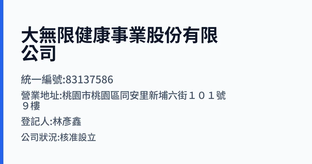 大無限健康事業股份有限公司 - 統編 83137586(桃園市) 公司登記資料與營業項目詳細圖表