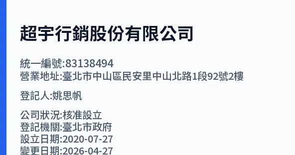 超宇行銷股份有限公司的照片-統編 83138494(臺北市) 公司登記資料與營業項目詳細圖表