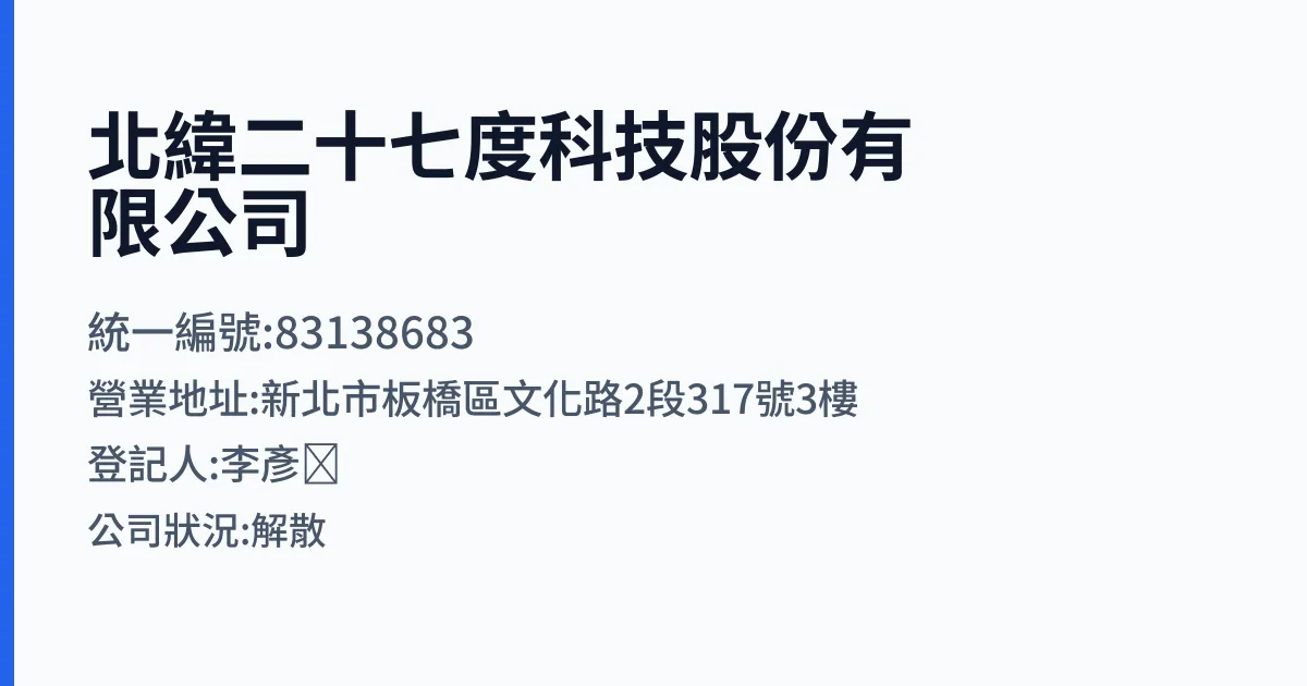 北緯二十七度科技股份有限公司 - 統編 83138683(新北市) 公司登記資料與營業項目詳細圖表