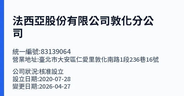 法西亞股份有限公司敦化分公司的照片-統編 83139064(臺北市) 公司登記資料與營業項目詳細圖表