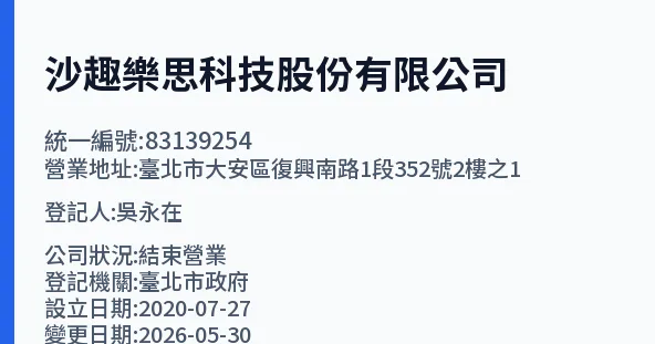 沙趣樂思科技股份有限公司的照片-統編 83139254(臺北市) 公司登記資料與營業項目詳細圖表