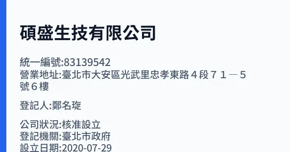 碩盛生技有限公司的照片-統編 83139542(臺北市) 公司登記資料與營業項目詳細圖表