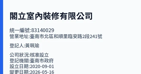 閣立室內裝修有限公司的照片-統編 83140029(臺南市) 公司登記資料與營業項目詳細圖表