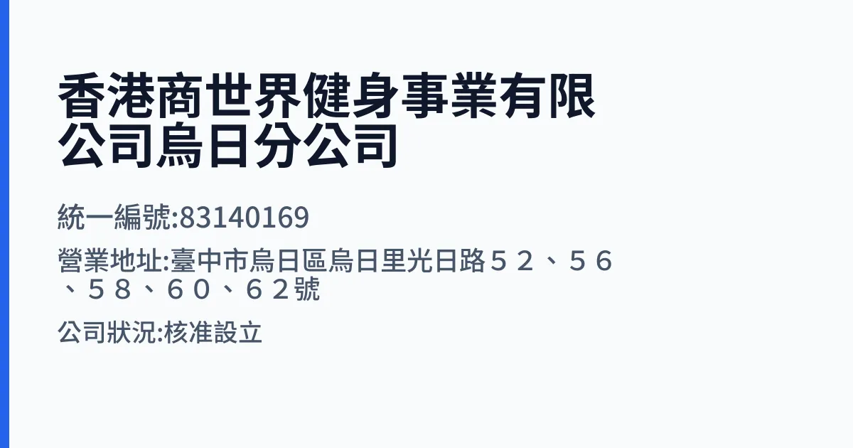 香港商世界健身事業有限公司烏日分公司 - 統編 83140169(臺中市) 公司登記資料與營業項目詳細圖表