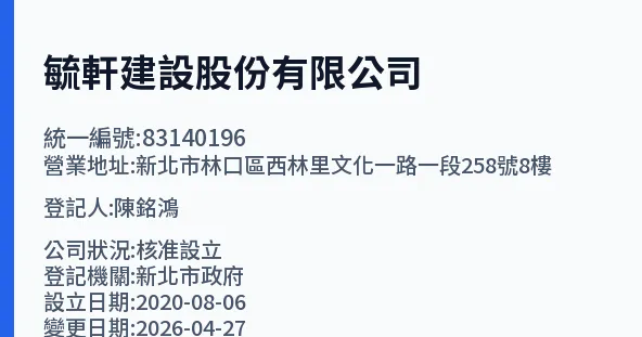 毓軒建設股份有限公司的照片-統編 83140196(新北市) 公司登記資料與營業項目詳細圖表
