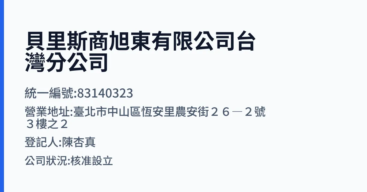 貝里斯商旭東有限公司台灣分公司 - 統編 83140323(臺北市) 公司登記資料與營業項目詳細圖表