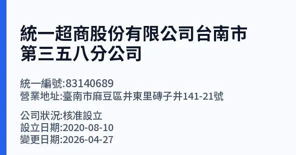 統一超商股份有限公司台南市第三五八分公司的照片-統編 83140689(臺南市) 公司登記資料與營業項目詳細圖表
