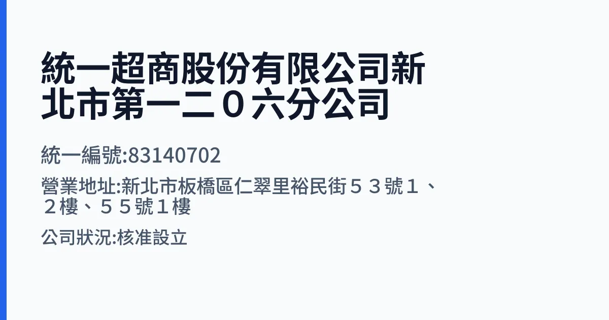 統一超商股份有限公司新北市第一二０六分公司 - 統編 83140702（新北市） 公司登記資料與營業項目詳細圖表