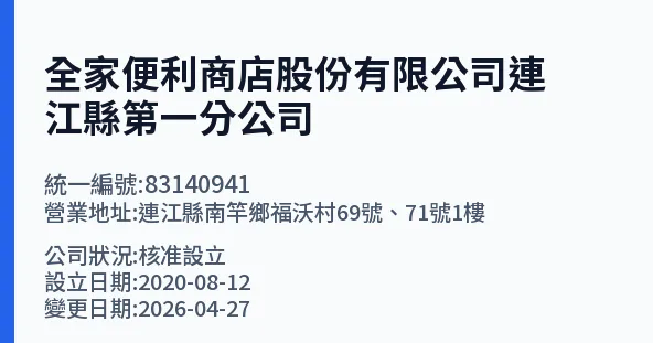 全家便利商店股份有限公司連江縣第一分公司的照片-統編 83140941(連江縣) 公司登記資料與營業項目詳細圖表