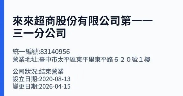 來來超商股份有限公司第一一三一分公司的照片-統編 83140956(臺中市) 公司登記資料與營業項目詳細圖表