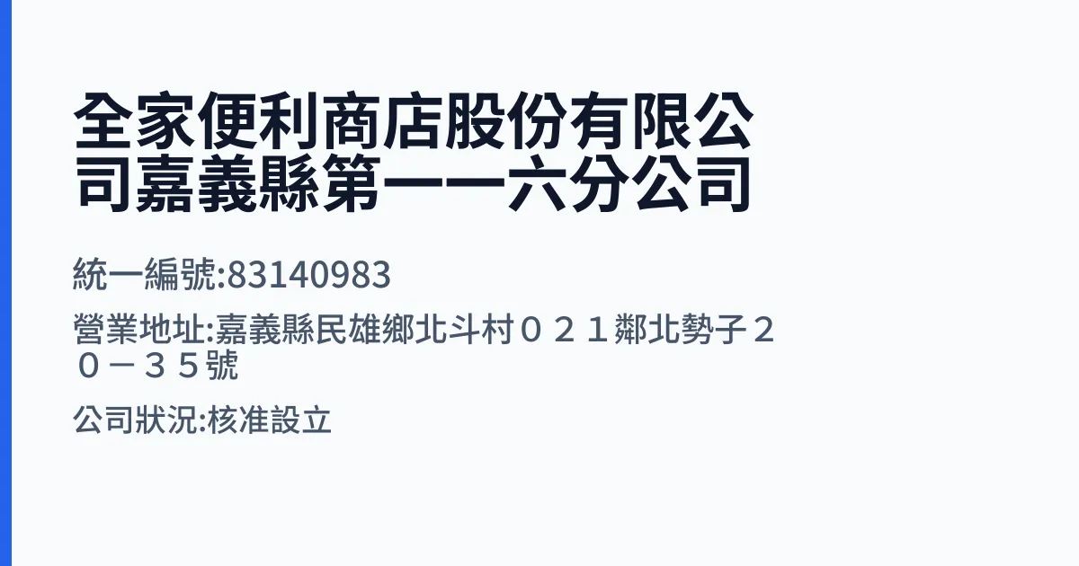 全家便利商店股份有限公司嘉義縣第一一六分公司 - 統編 83140983（嘉義縣） 公司登記資料與營業項目詳細圖表