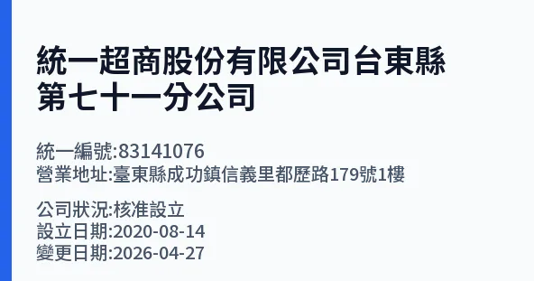 統一超商股份有限公司台東縣第七十一分公司的照片-統編 83141076(臺東縣) 公司登記資料與營業項目詳細圖表