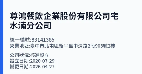 尊鴻餐飲企業股份有限公司宅水湳分公司的照片-統編 83141385(臺中市) 公司登記資料與營業項目詳細圖表