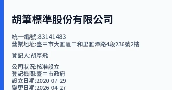 胡筆標準股份有限公司的照片-統編 83141483(臺中市) 公司登記資料與營業項目詳細圖表