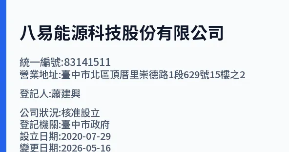 八易能源科技股份有限公司的照片-統編 83141511(臺中市) 公司登記資料與營業項目詳細圖表