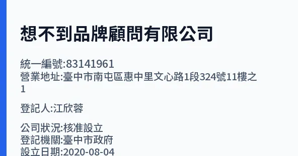 想不到品牌顧問有限公司的照片-統編 83141961(臺中市) 公司登記資料與營業項目詳細圖表