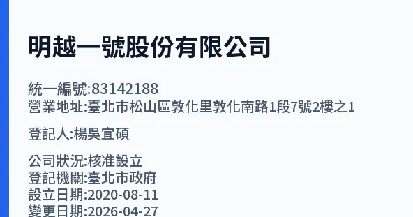 明越一號股份有限公司的照片-統編 83142188(臺北市) 公司登記資料與營業項目詳細圖表