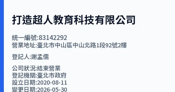 打造超人教育科技有限公司的照片-統編 83142292(臺北市) 公司登記資料與營業項目詳細圖表