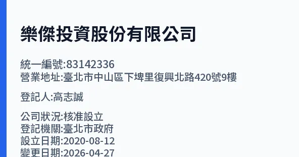樂傑投資股份有限公司的照片-統編 83142336(臺北市) 公司登記資料與營業項目詳細圖表