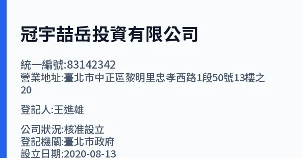冠宇喆岳投資有限公司的照片-統編 83142342(臺北市) 公司登記資料與營業項目詳細圖表