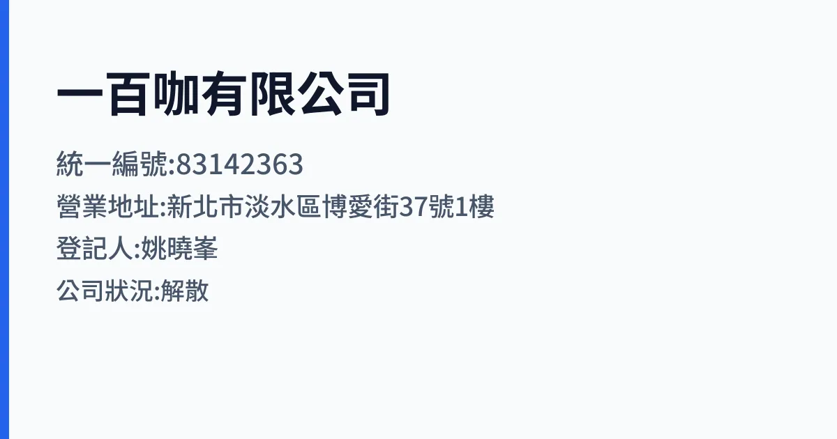 一百咖有限公司 - 統編 83142363(新北市) 公司登記資料與營業項目詳細圖表