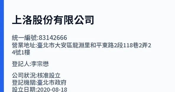 上洛股份有限公司的照片-統編 83142666(臺北市) 公司登記資料與營業項目詳細圖表